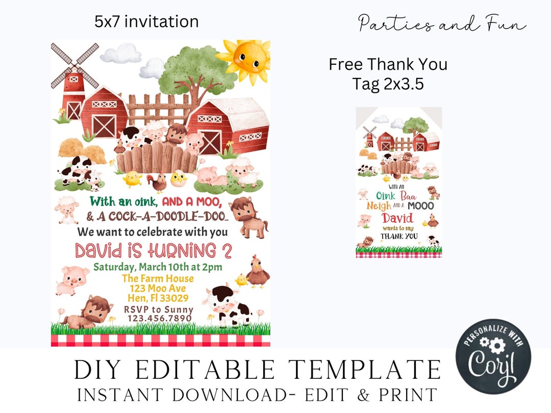 EDITABLE Farm Birthday Invitation Farm Gift Tag Farm Birthday Party ...