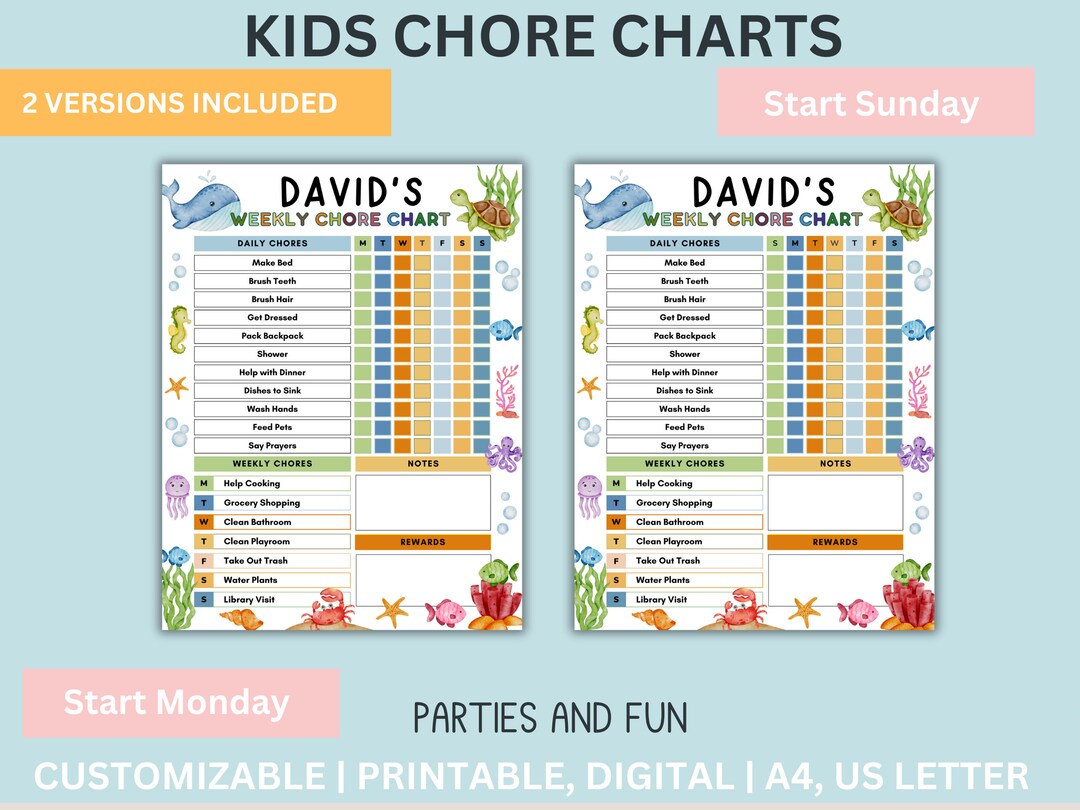 Ocean Animals Chore Chart for Kids Printable Kids Daily Weekly ...