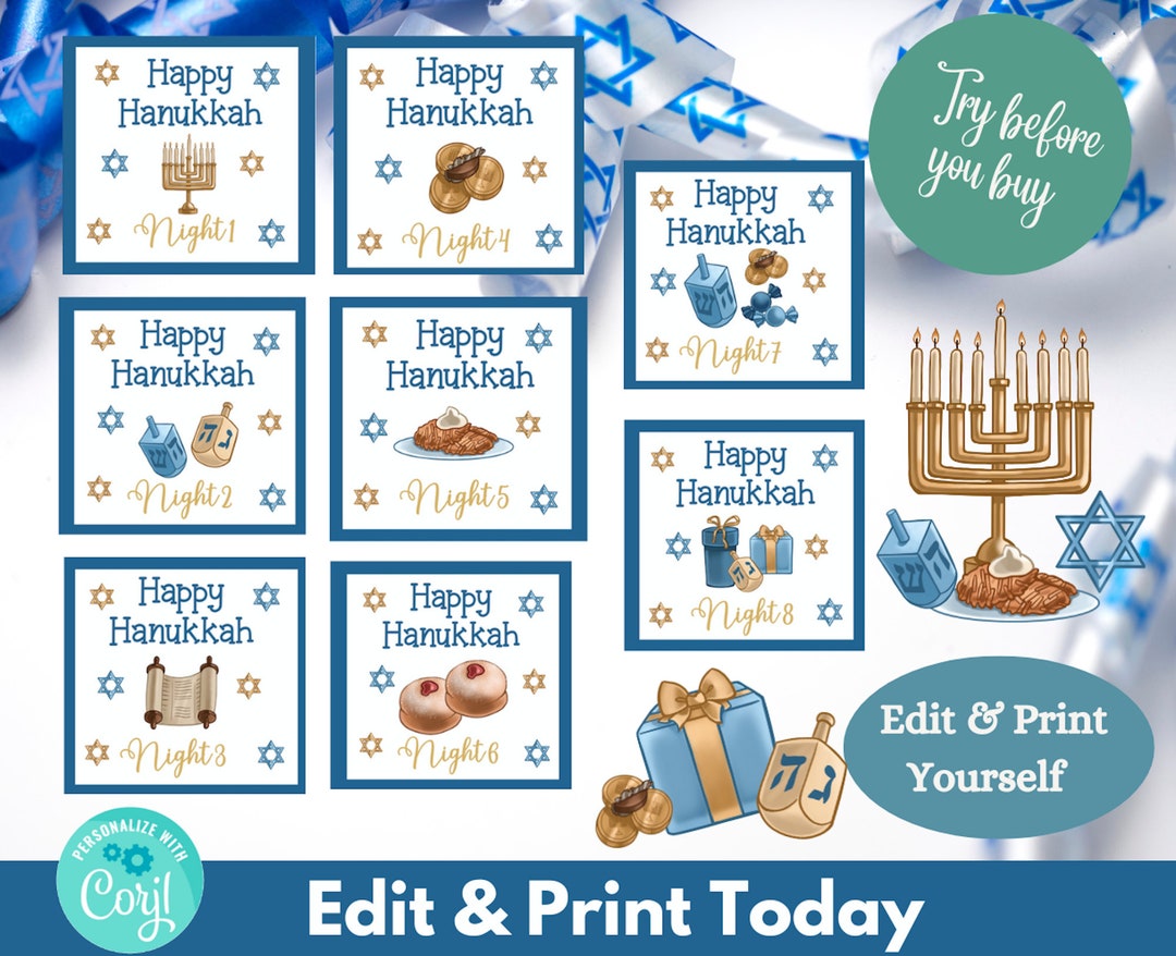 Hanukkah Gift Tag Editable Happy Hanukkah Template Jewish Holiday Party ...