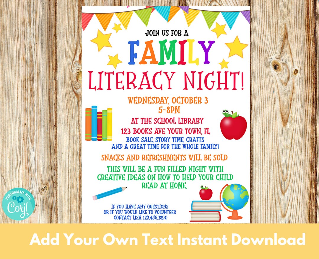 Family Literacy Night Flyer Printable School Flyer PTA Flyer PTO Flyer ...