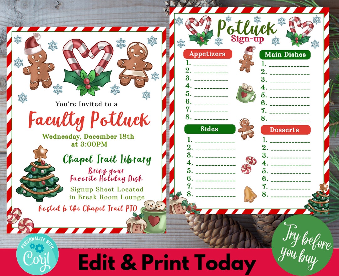 Holiday Faculty Potluck Invitation, Christmas Lunch Potluck Sign up ...