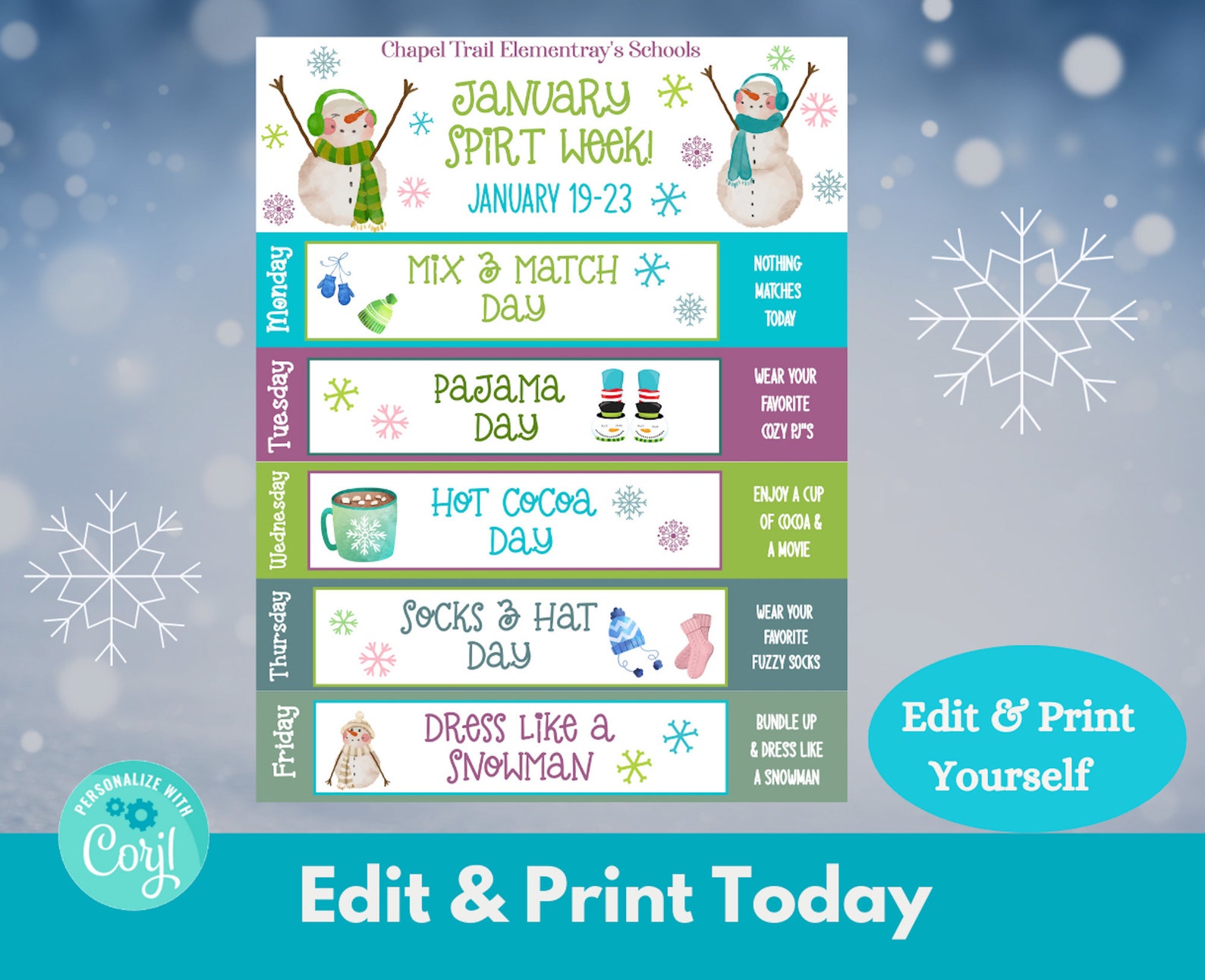 Winter Spirit Week Planner Editable Week Schedule January - Etsy