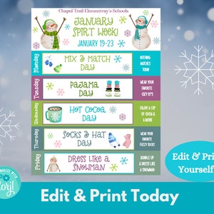 Winter Spirit Week Planner, Editable Week Schedule, January Event Flyer ...