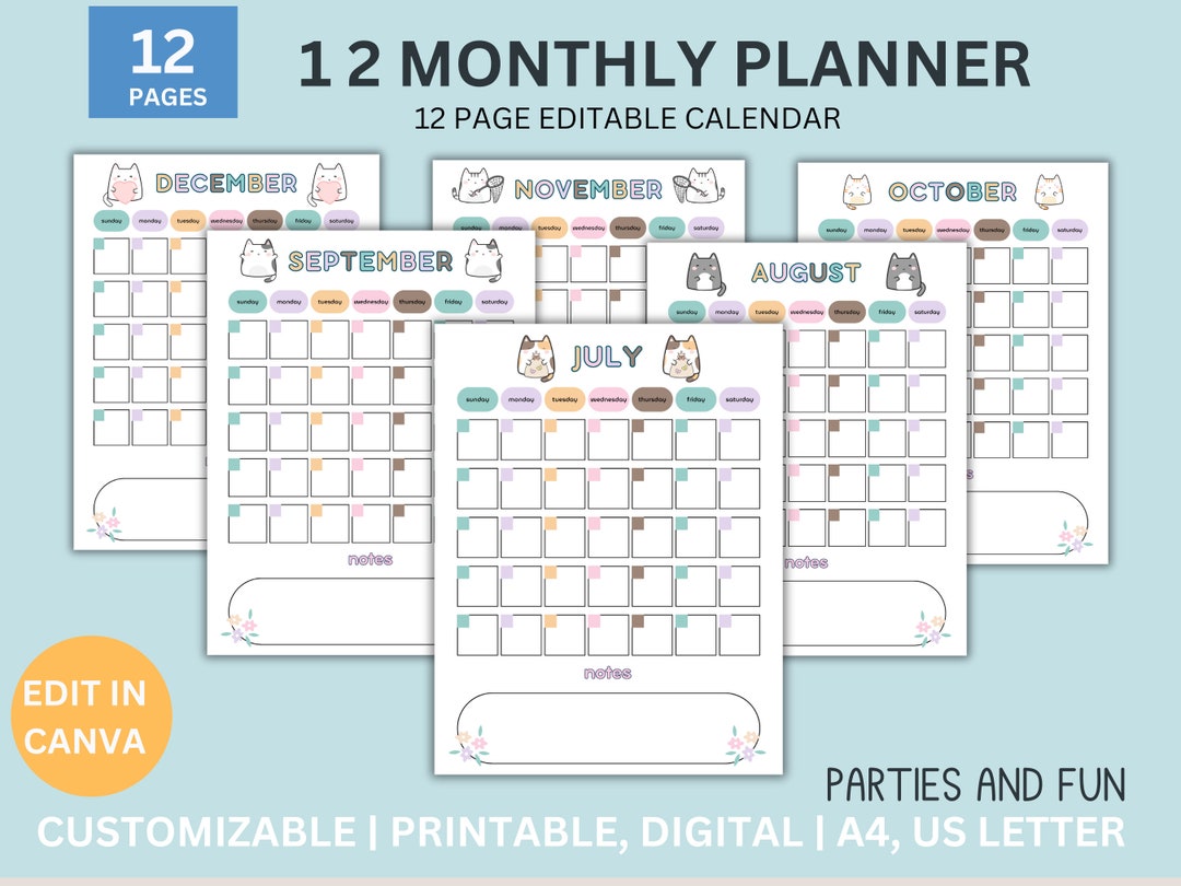 Cute Cats Monthly Planner Printable Monthly Planner Kids Monthly ...