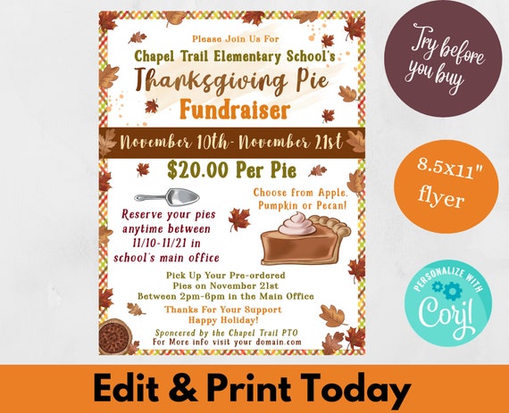 Thanksgiving Pie Fundraiser Flyer, Fall Pumpkin Pie Invitation, School ...