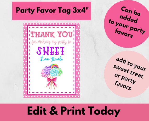 Candy Party Gift Tag Candy Birthday Favor Tags Editable Party Favor Ice ...