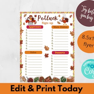 Thanksgiving Faculty Potluck Invitation, Potluck Sign up Sheet Fall ...