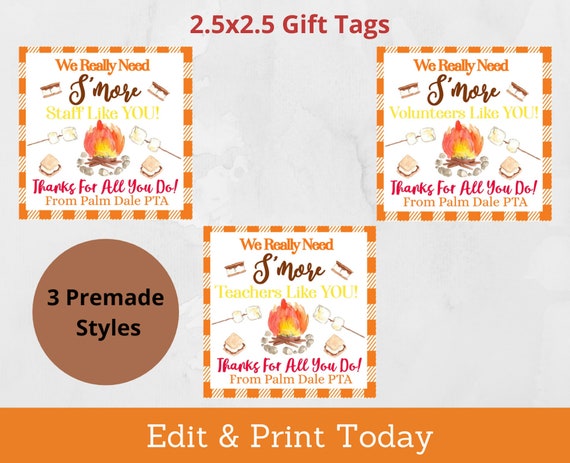 EDITABLE S'more Gift Tag We Need Smore Staff Like You Teacher Gift Tag ...