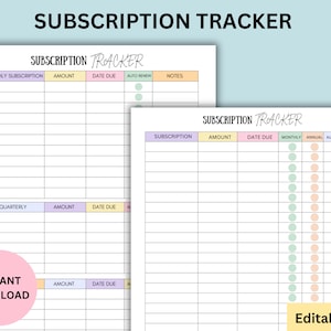 Editable Subscription Tracker Printable Subscription Log Expense ...