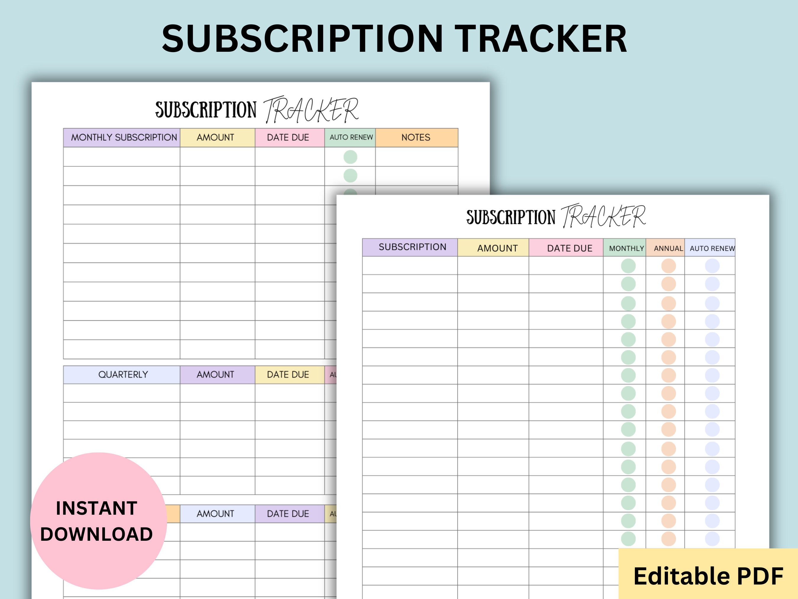 Editable Subscription Tracker Printable Subscription Log Expense ...
