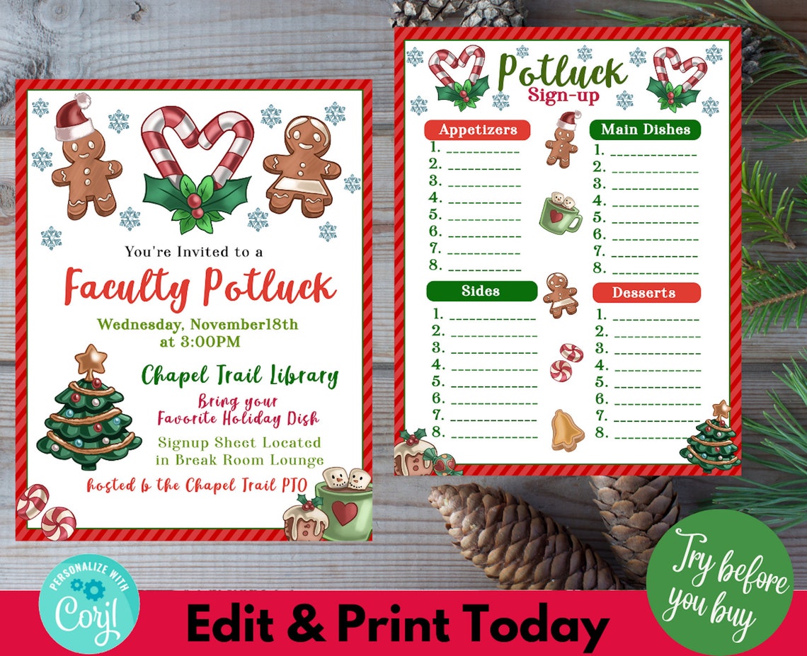 Christmas Faculty Potluck Invitation Holiday Potluck Sign Up - Etsy