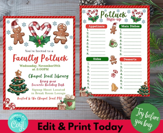 Christmas Faculty Potluck Invitation, Holiday Potluck Sign Up, School ...