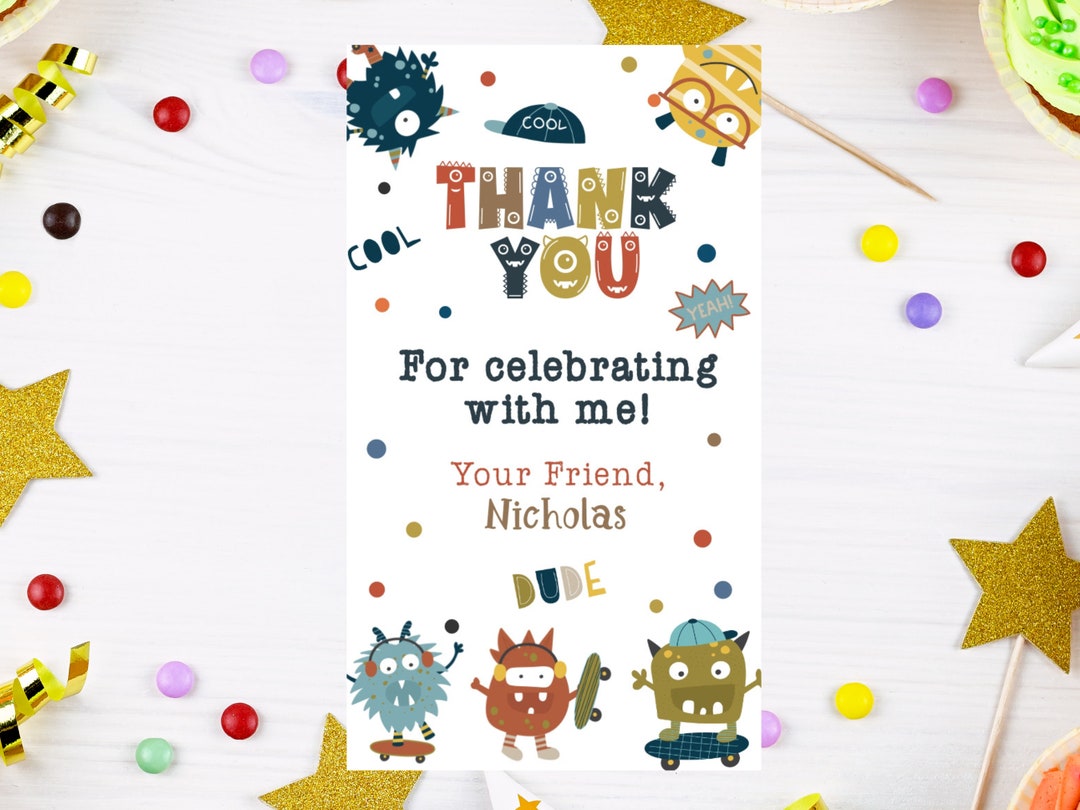 Editable Monster Party Favor Tag Monster Theme Birthday Thank You Card ...