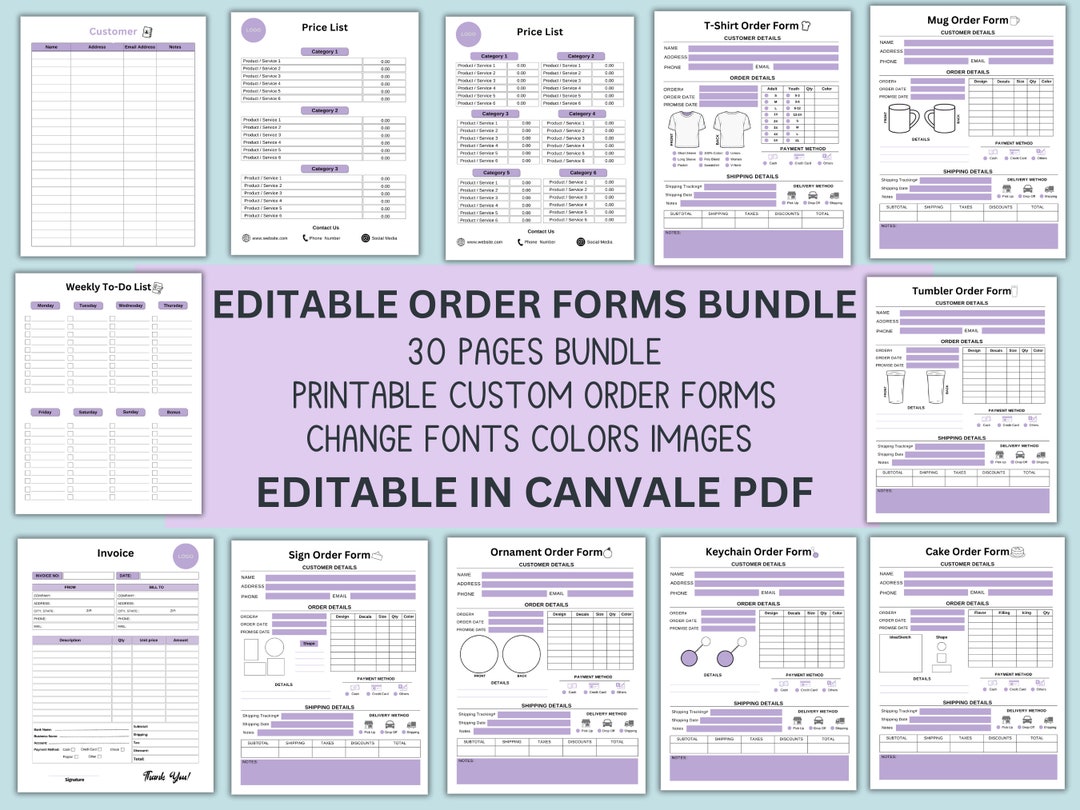 Editable Order Forms Bundle Tshirt Tumbler Invoice Template Editable ...