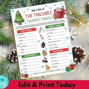 Teacher Holiday Wish List Christmas Teacher Favorites Survey Teacher ...