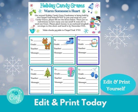 Holiday Candy Gram Flyer, Holiday Candy Gram Fundraiser, Winter Snow ...
