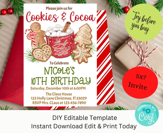 Editable Cookies & Cocoa Birthday Invitation Cookie decorating girl ...