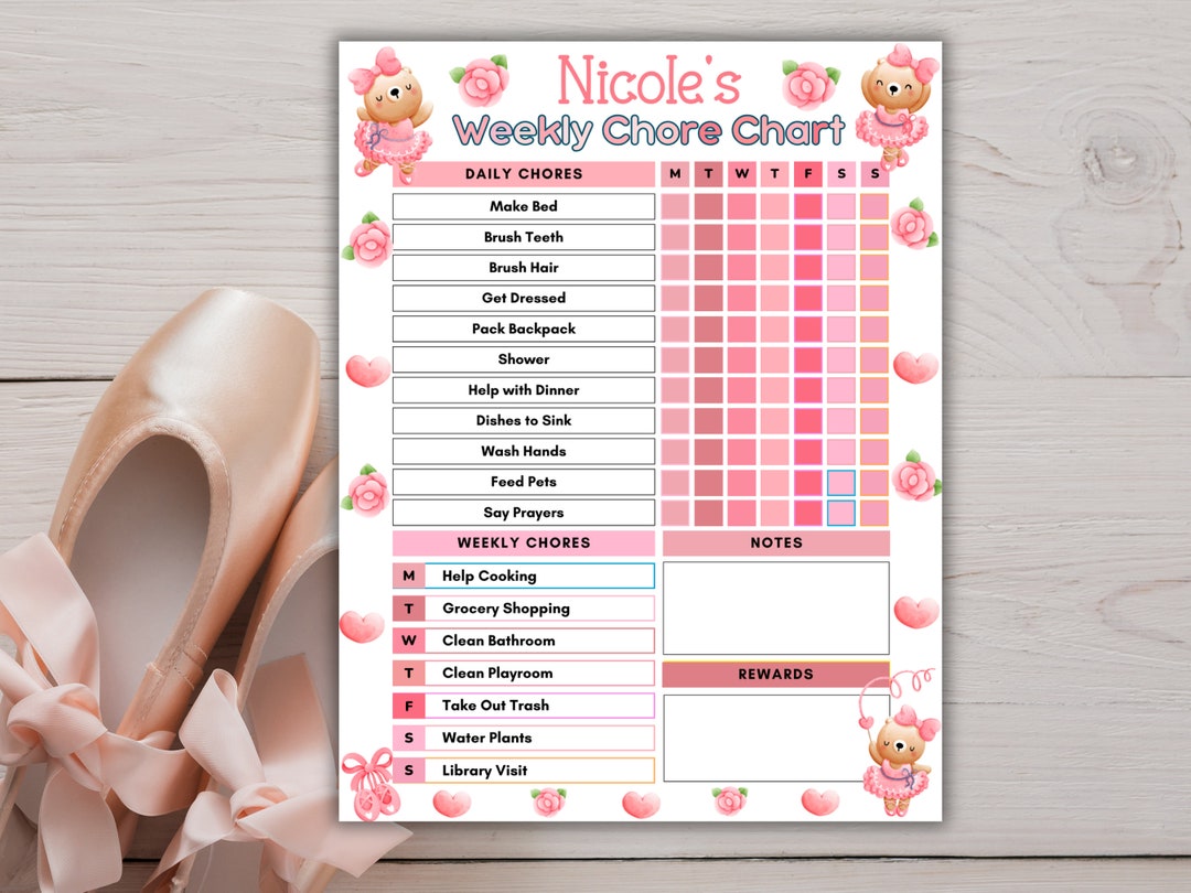Girl Chore Chart for Kids Printable Kids Daily Ballerina Weekly ...