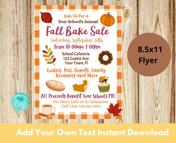 Editable Fall Bake Sale Flyer PTO Event PTA Event Fundraiser Fall ...