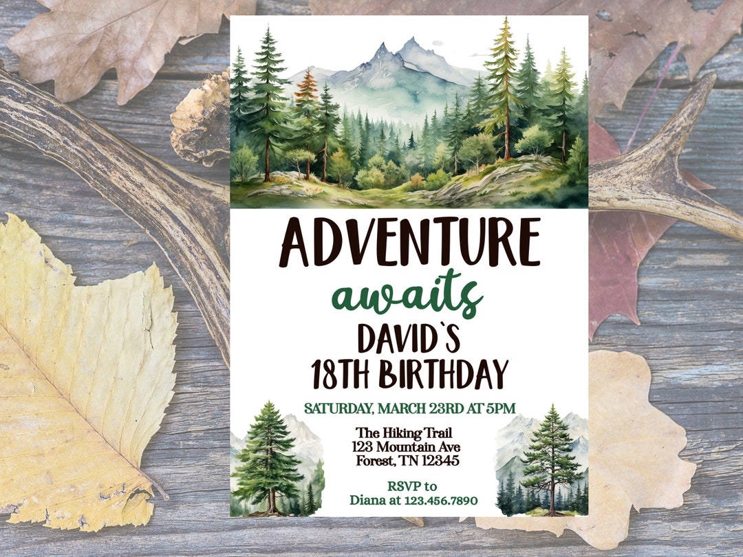 Editable Adventure Awaits Birthday Invitation Woodland Mountain ...