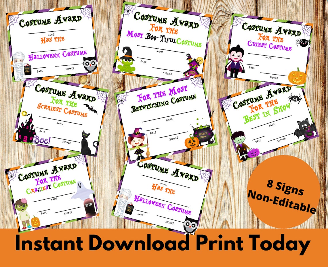 Costume Awards Halloween Printable Certificates Instant - Etsy