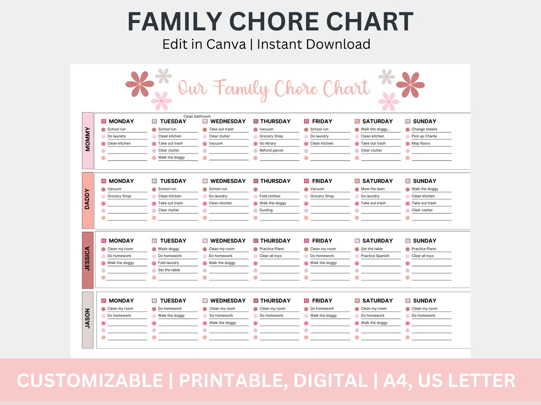 Editable Family Chore Chart Printable Weekly Chore List Kids Adults ...