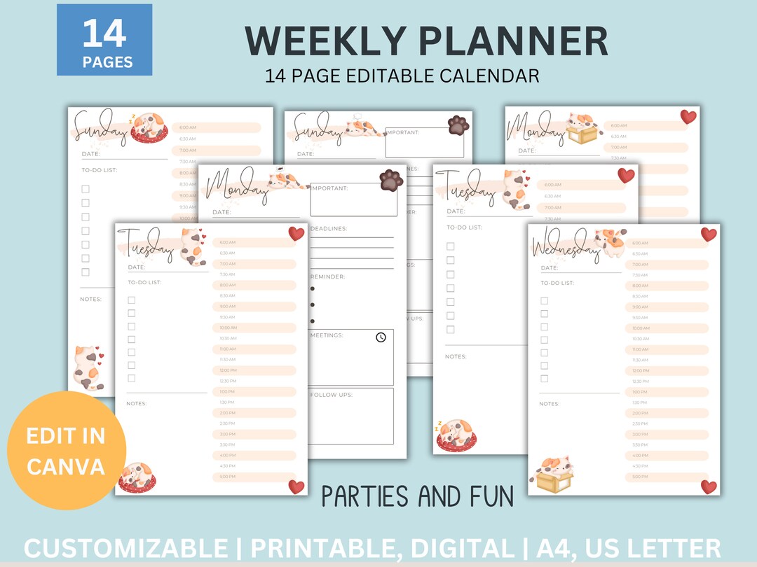 Cat Lover Editable Weekly Planner Checklist Printable Weekly to Do List ...