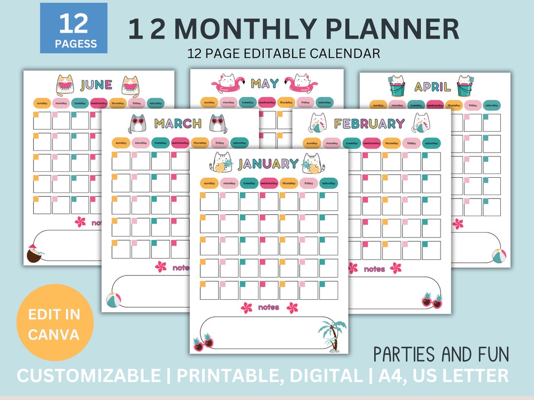 Cute Cats Monthly Planner Printable Monthly Planner Kids Monthly ...