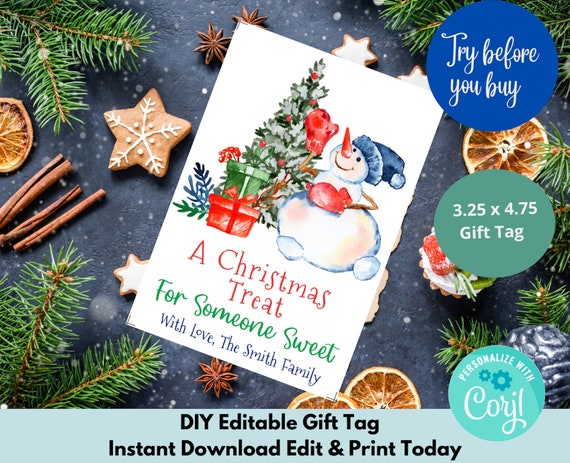 Snowman Christmas Gift Tag Template, Printable Holiday Favor Tag ...