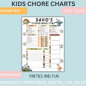 Dinosaur Editable Kids Chore Chart Responsibility Chore Chart for Kids ...