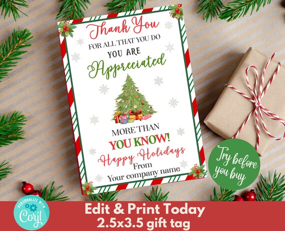 Editable Christmas Thank You Gift Tag, Teacher Staff Employee Nurse ...