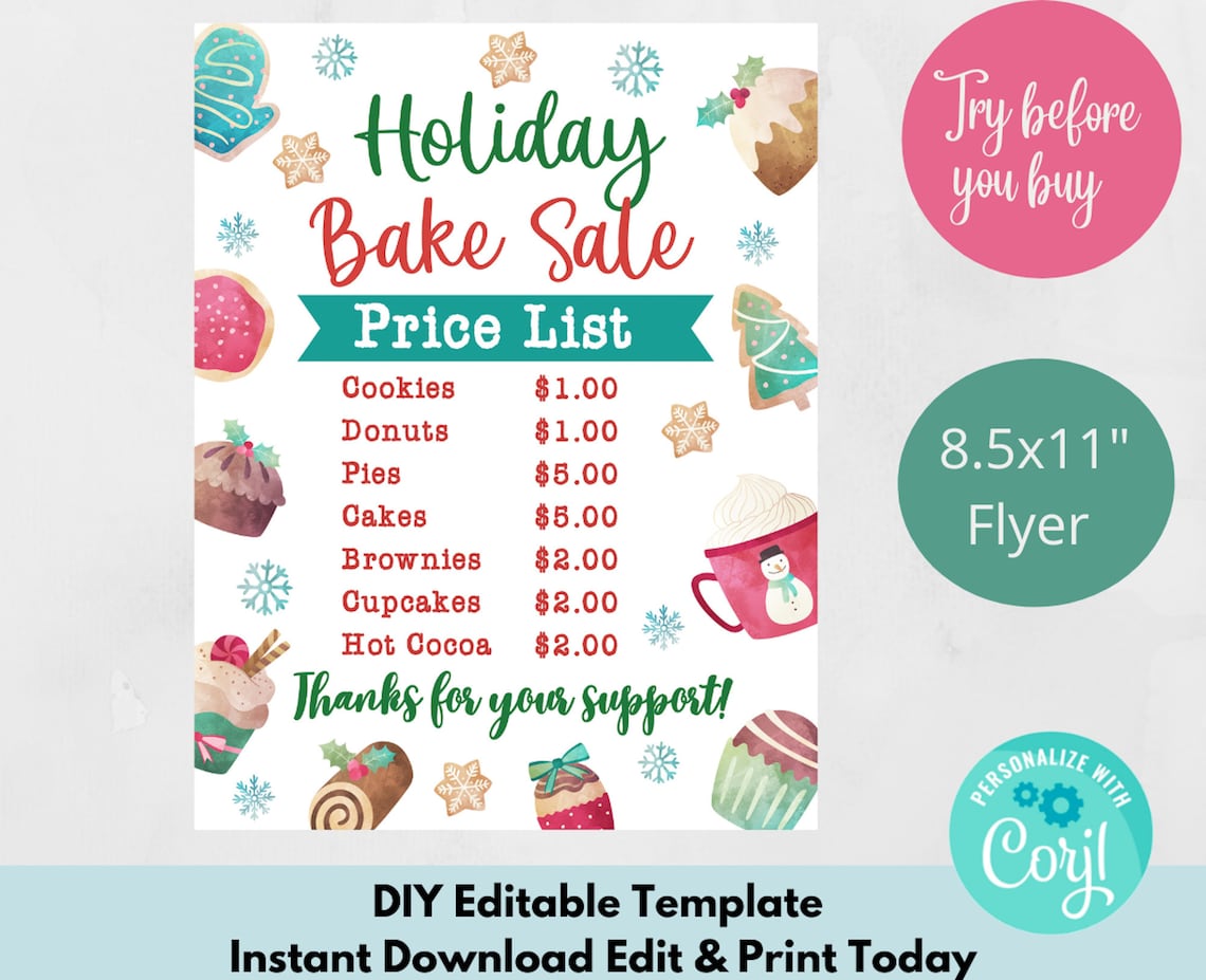 Christmas Bake Sale Editable Price List Instant Download - Etsy