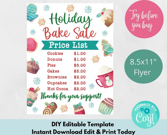 Christmas Bake Sale Editable Price List, Instant Download Holiday Bake ...