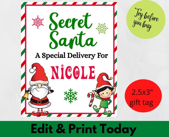 Secret Santa Gift Tag Christmas Santa Tag Christmas Gift Tag Office 