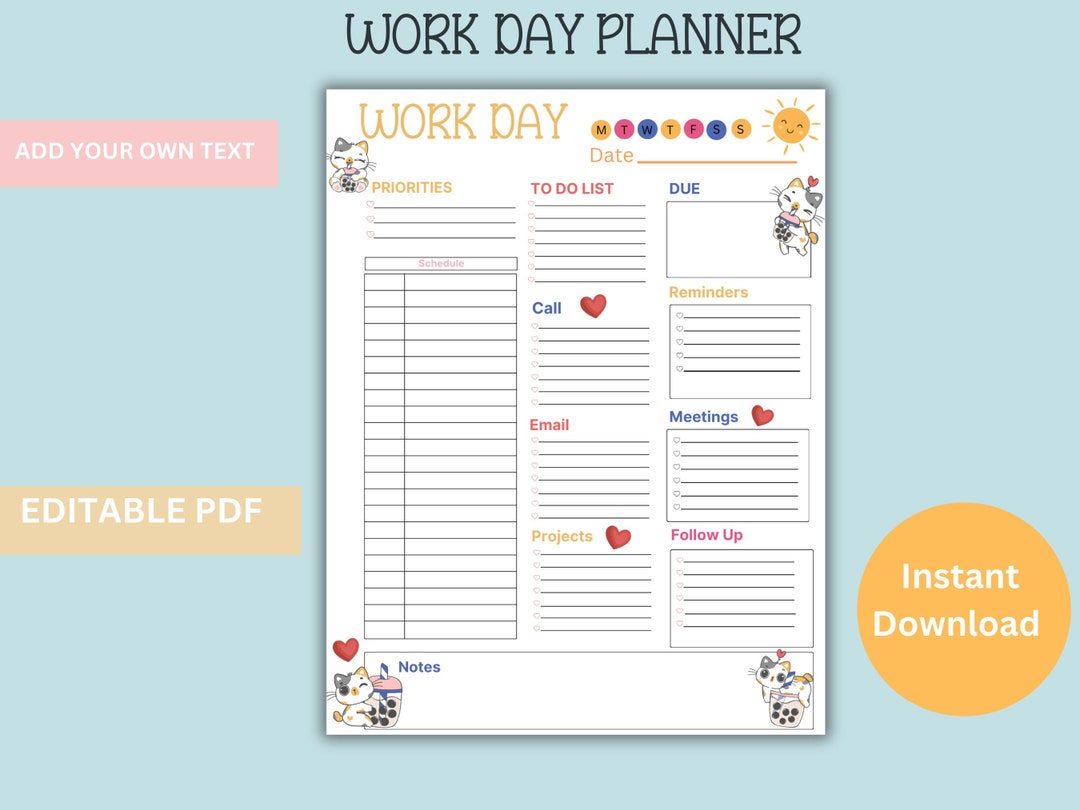 Boba Tea Cats Editable Work Day Planner Printable Work Day Organizer ...