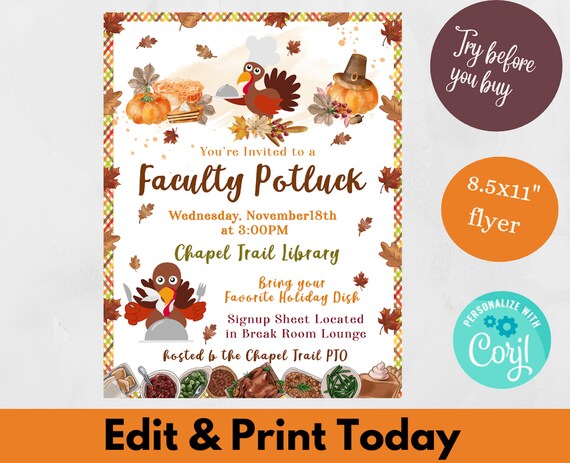 Thanksgiving Faculty Potluck Invitation, Fall Autumn Event Invite ...