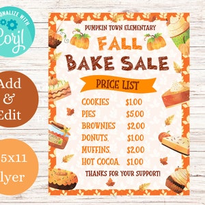 Fall Bake Sale Editable Price List, Instant Download Holiday Bake Sale ...