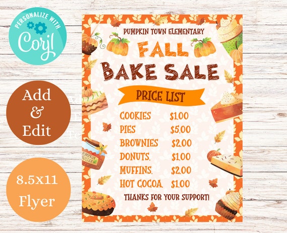 Fall Bake Sale Editable Price List, Instant Download Holiday Bake Sale Sign, School Church ...