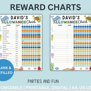 Ocean Animals Chore Charts Editable Allowance Tracker Kids Earn Money ...