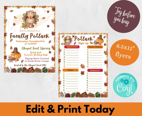 Thanksgiving Faculty Potluck Invitation, Potluck Sign Up Sheet Autumn ...