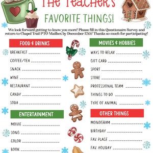 Editable Teacher Holiday Wish List, Christmas Teacher Favorites Survey ...