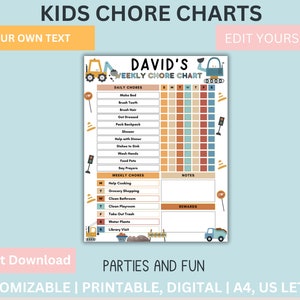 Construction Chore Chart for Kids Printable Kids Daily Weekly ...