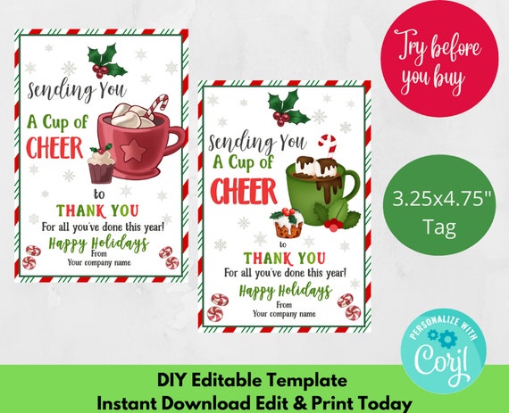 Editable Christmas Co-Worker Gift Tags, Merry Christmas Gift Tags, Cup ...