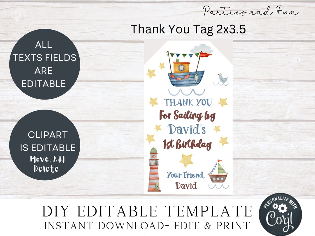 Nautical Birthday Thank You Tag Favors Ocean Thank You Tags Nautical ...