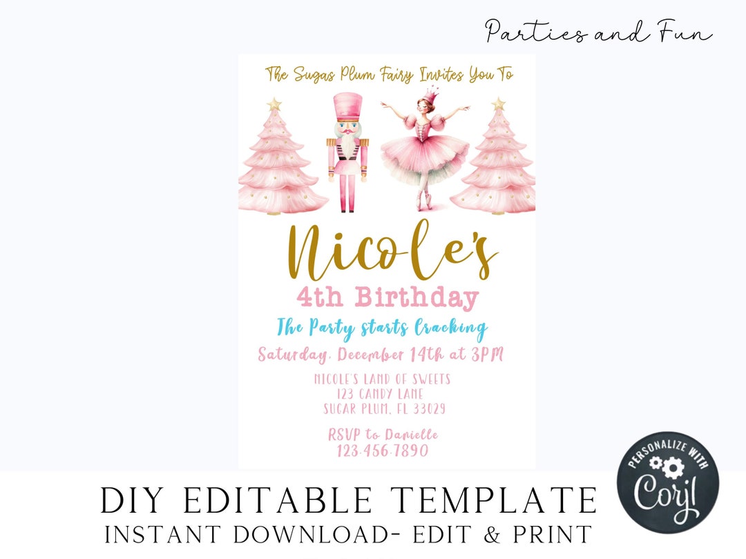 Editable Nutcracker Birthday Invitation Ballet Christmas Birthday ...