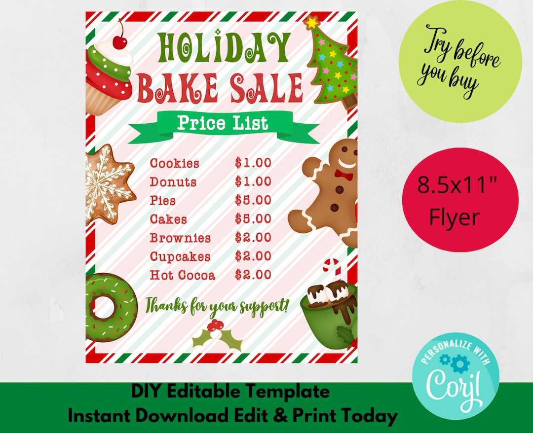 Christmas Bakery Menu Template, Editable Holiday Treat Pricing Flyer ...