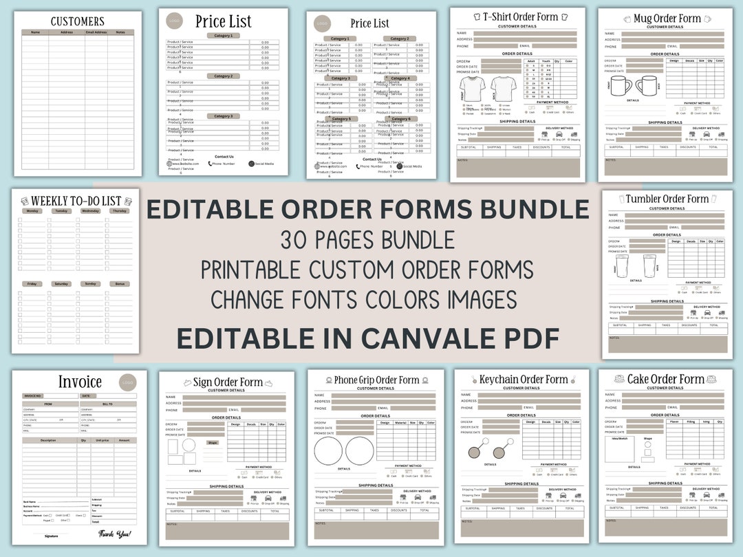 Editable Order Forms Bundle Tshirt Tumbler Invoice Template Editable ...