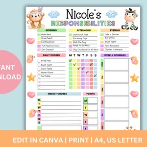 Chore Chart Editable Kids Tribe Animals Responsibility Chore Chart for ...