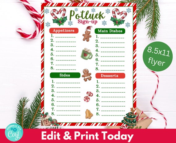 Editable Holiday Office Potluck, Christmas Potluck Sign-Up Sheet ...