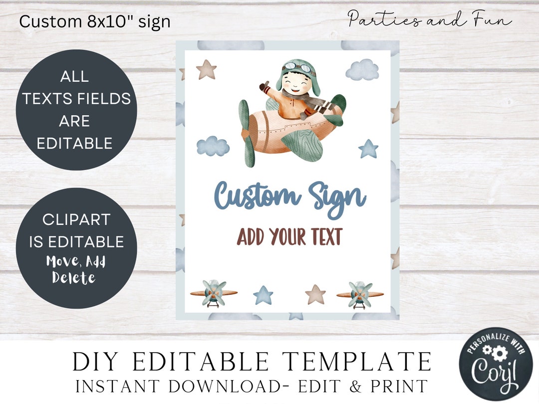 Editable Airplane Birthday Party Sign Pilot Plane Birthday Party Sign ...